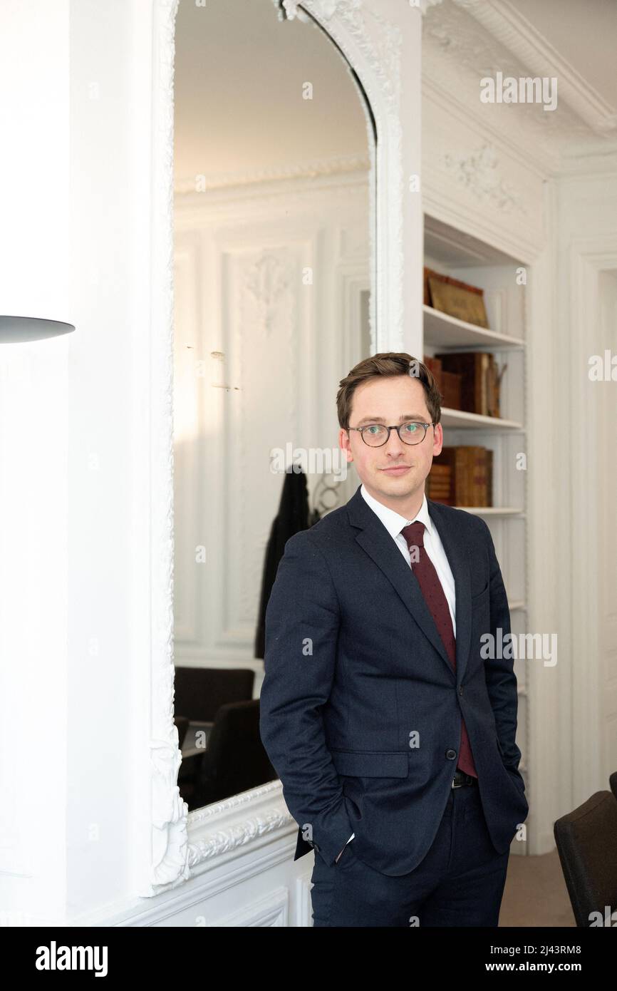 Lawyer Romain Dieudonne poses at her office, on March 21, 2022 in Paris, France. Photo by David ...
