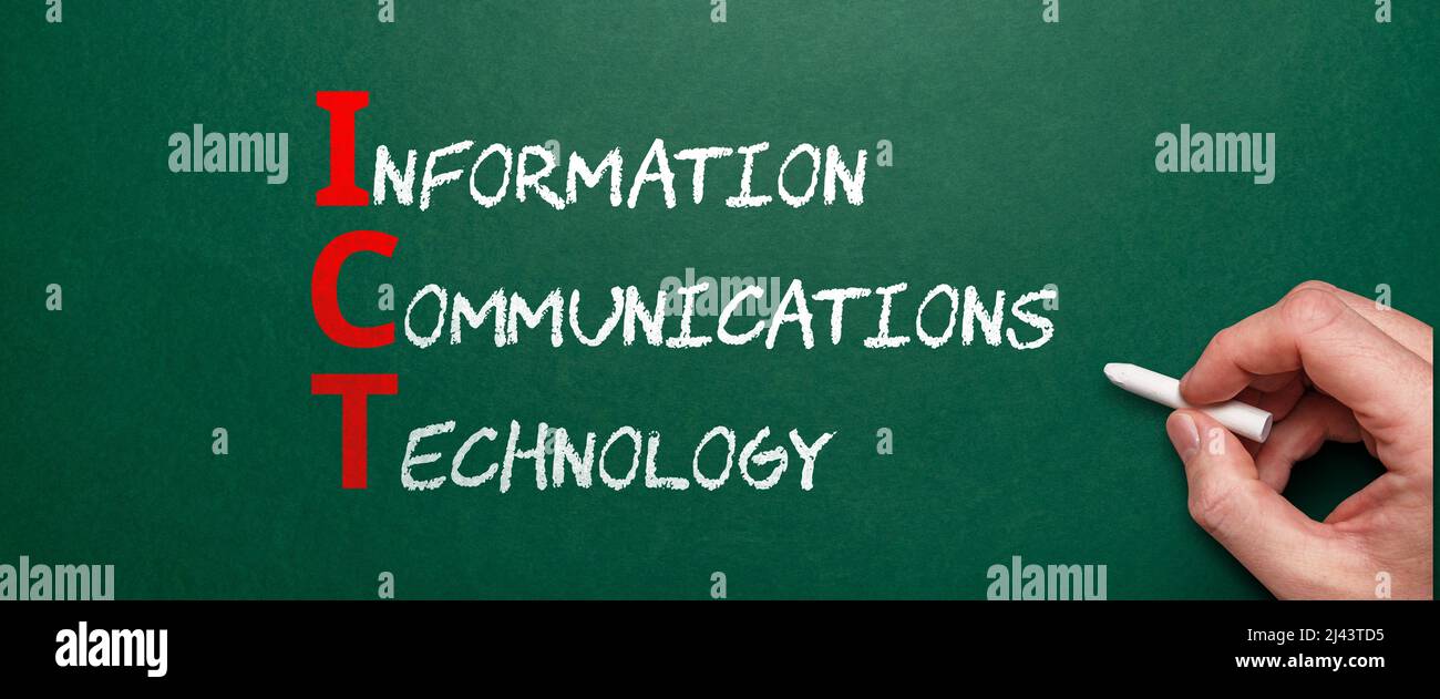 Acronym ICT or Information and communications technology. Person writes ...