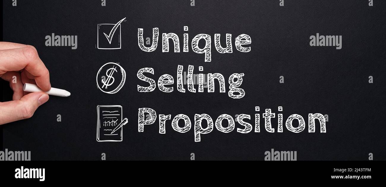 Acronym USP or Unique Selling Proposition. Person drawing with chalk on ...