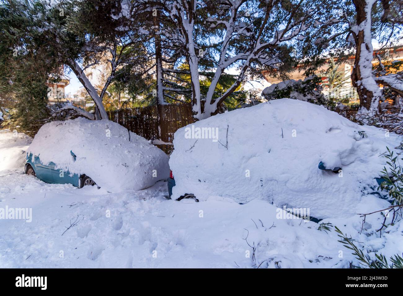 ATHENS, GREECE - January 25 2022: Cars totally covered with snow in ...
