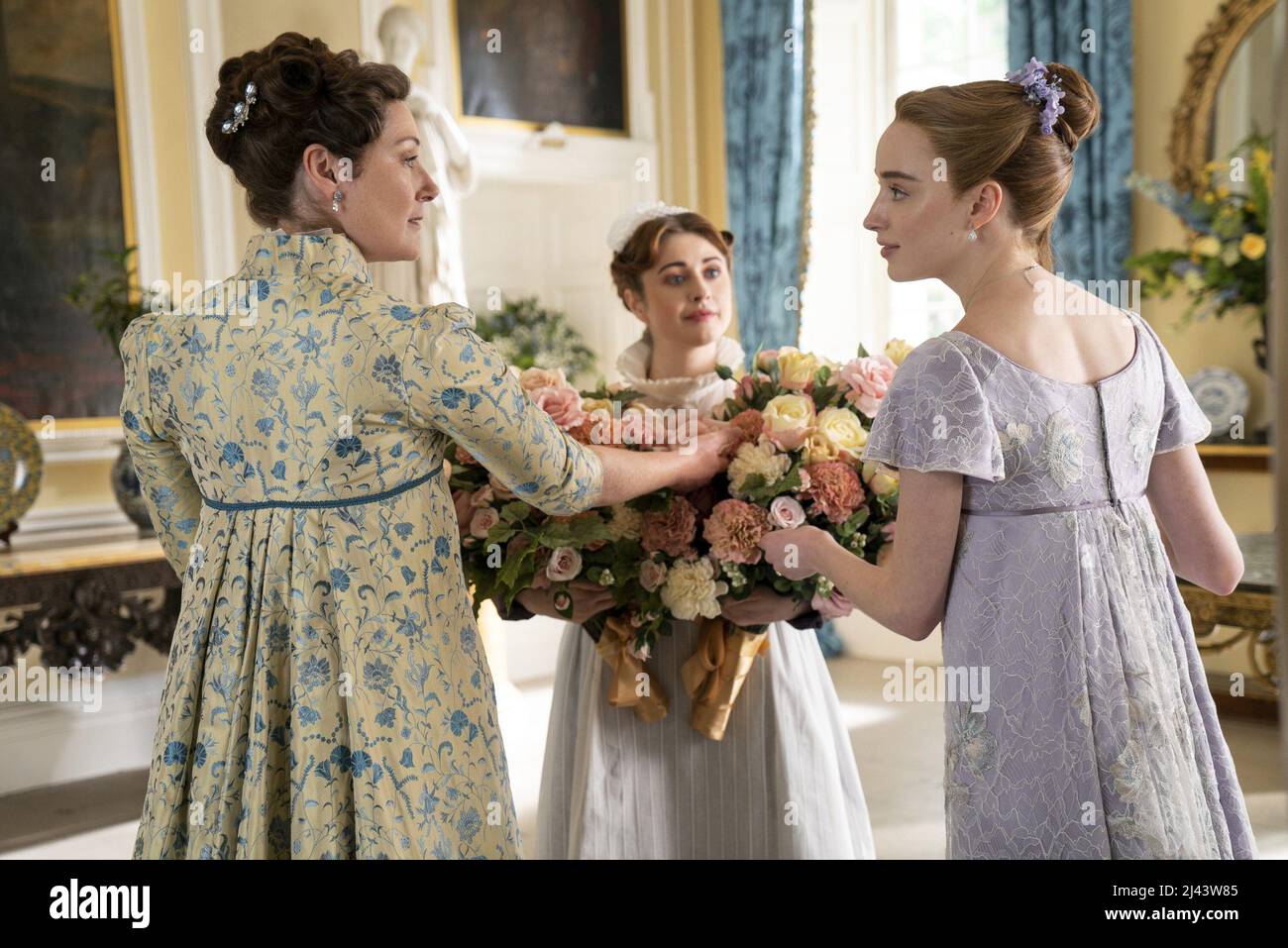 BRIDGERTON, from left: Ruth Gemmell, Elle Meadows, Phoebe Dyvenor ...