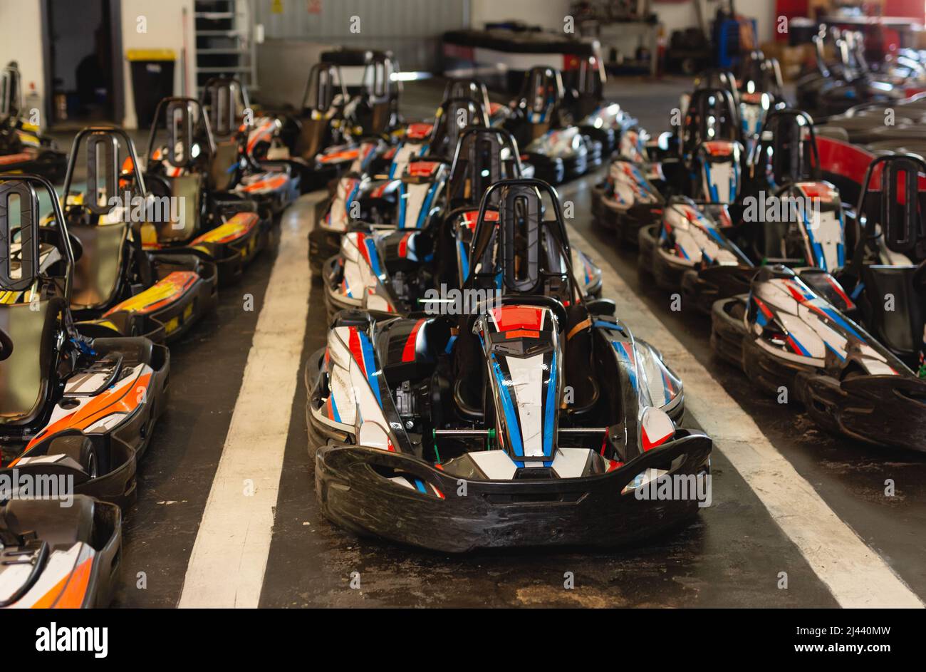 Driving cars for karting, nobody Stock Photo - Alamy