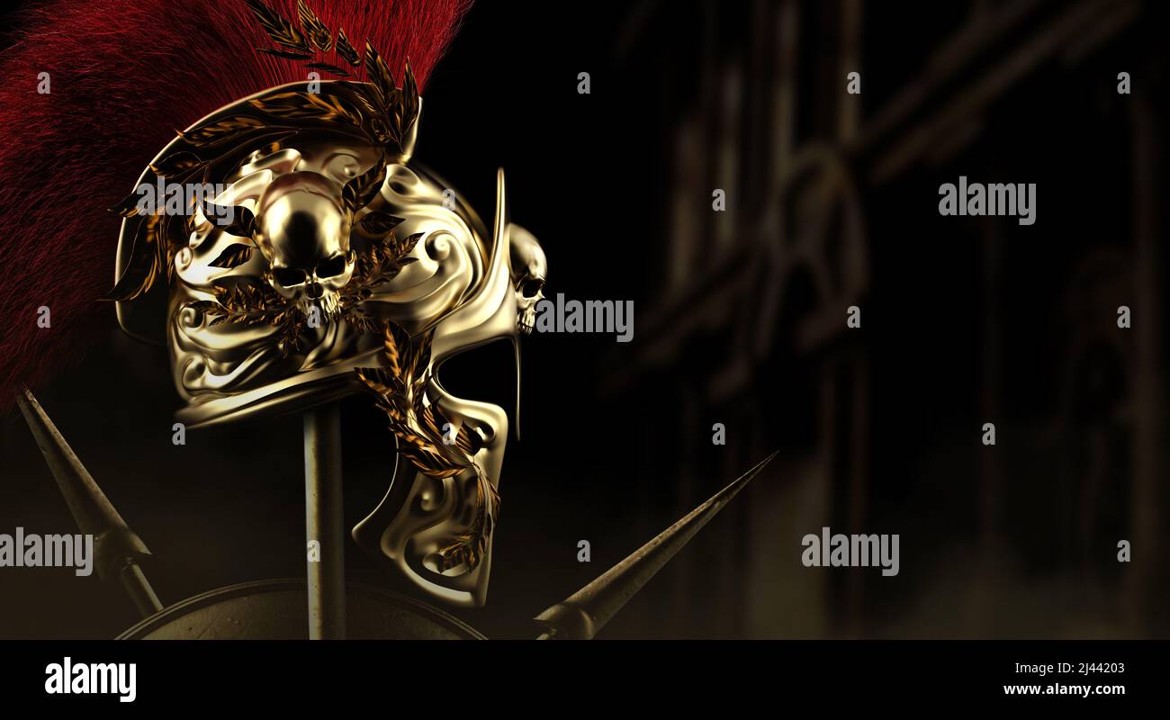 3d render illustration of spartan helmet golden engraved with skull and ...