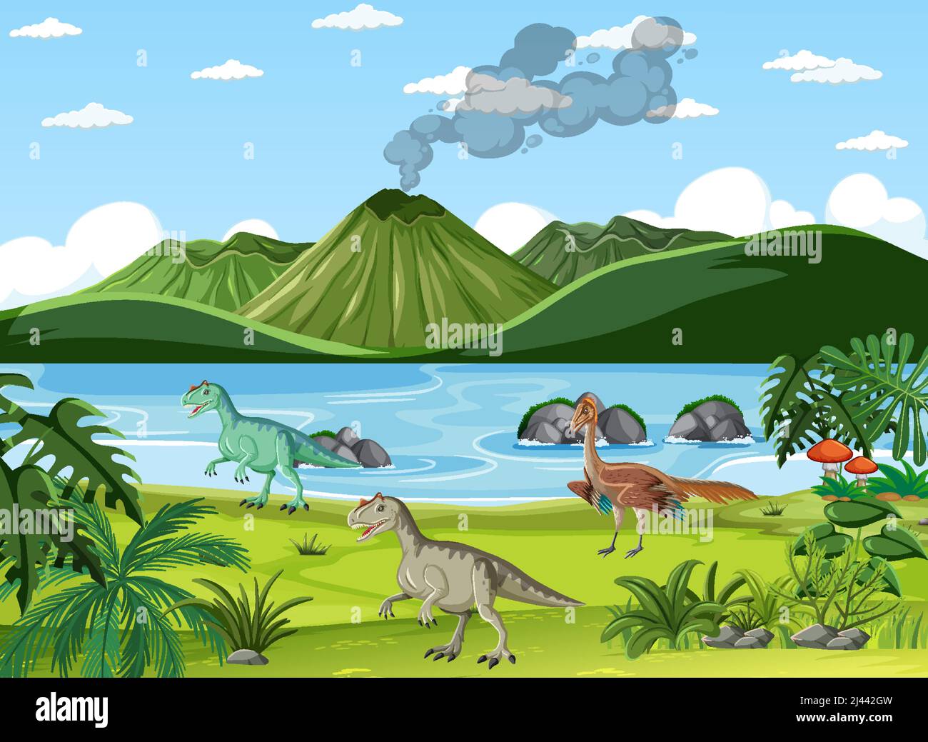 Nature scene with trees on mountains with dinosaur illustration Stock ...