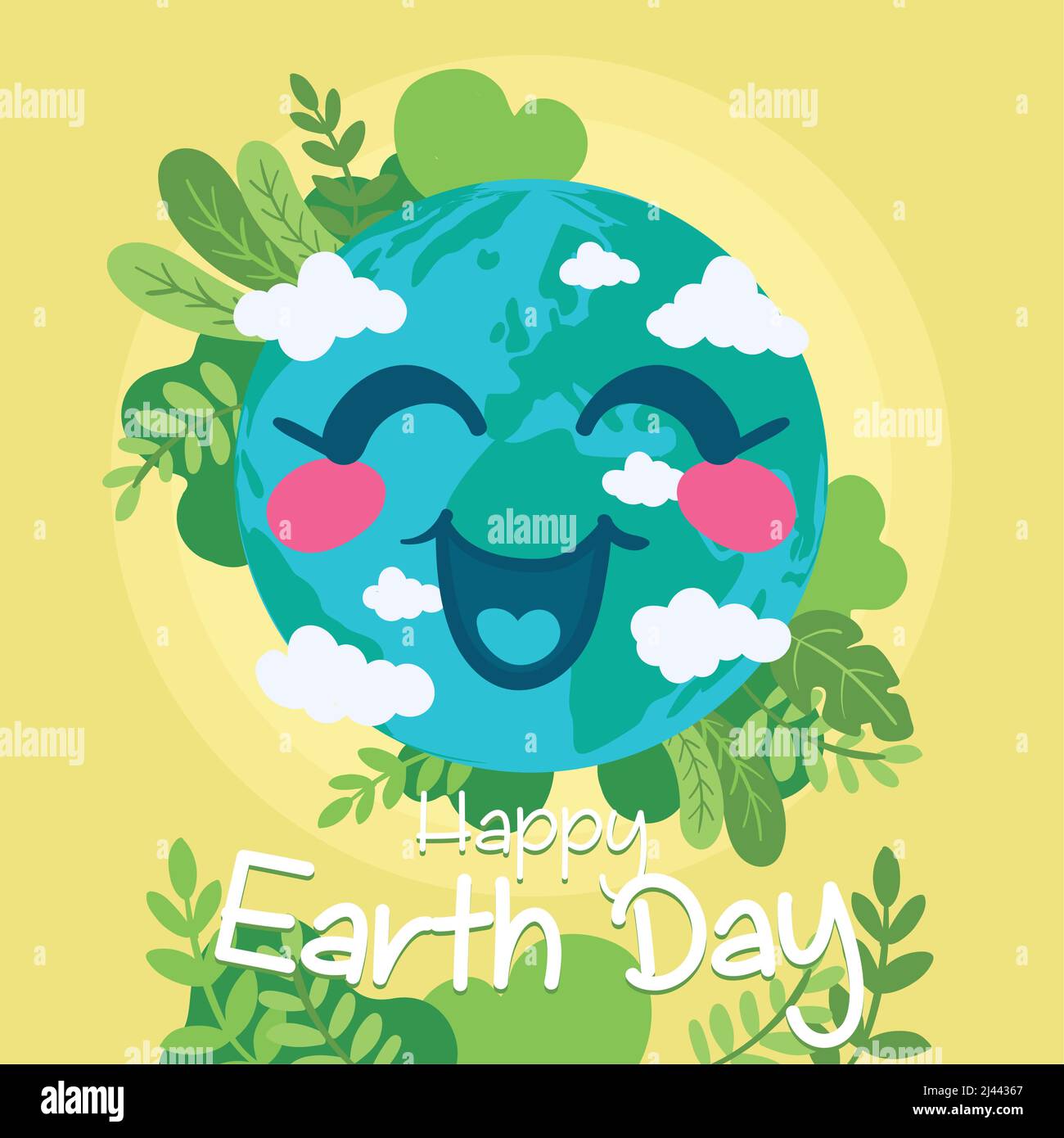 Cute earth planet cartoon with natural leaves Happy earth day Vector ...