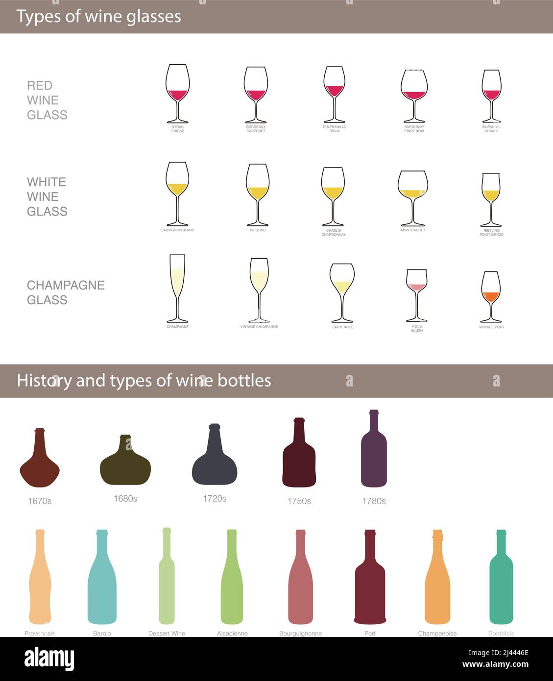 History and types of wine bottle, types of wine glasses Stock Vector ...