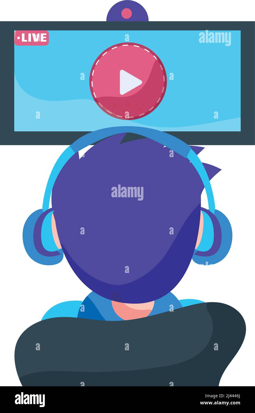 Streaming service concept Man with headphones watching a video Vector ...