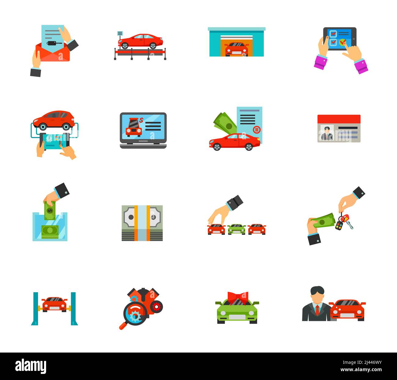 Auto icon set. Car document Exhibition pavilion Garage Online test ...