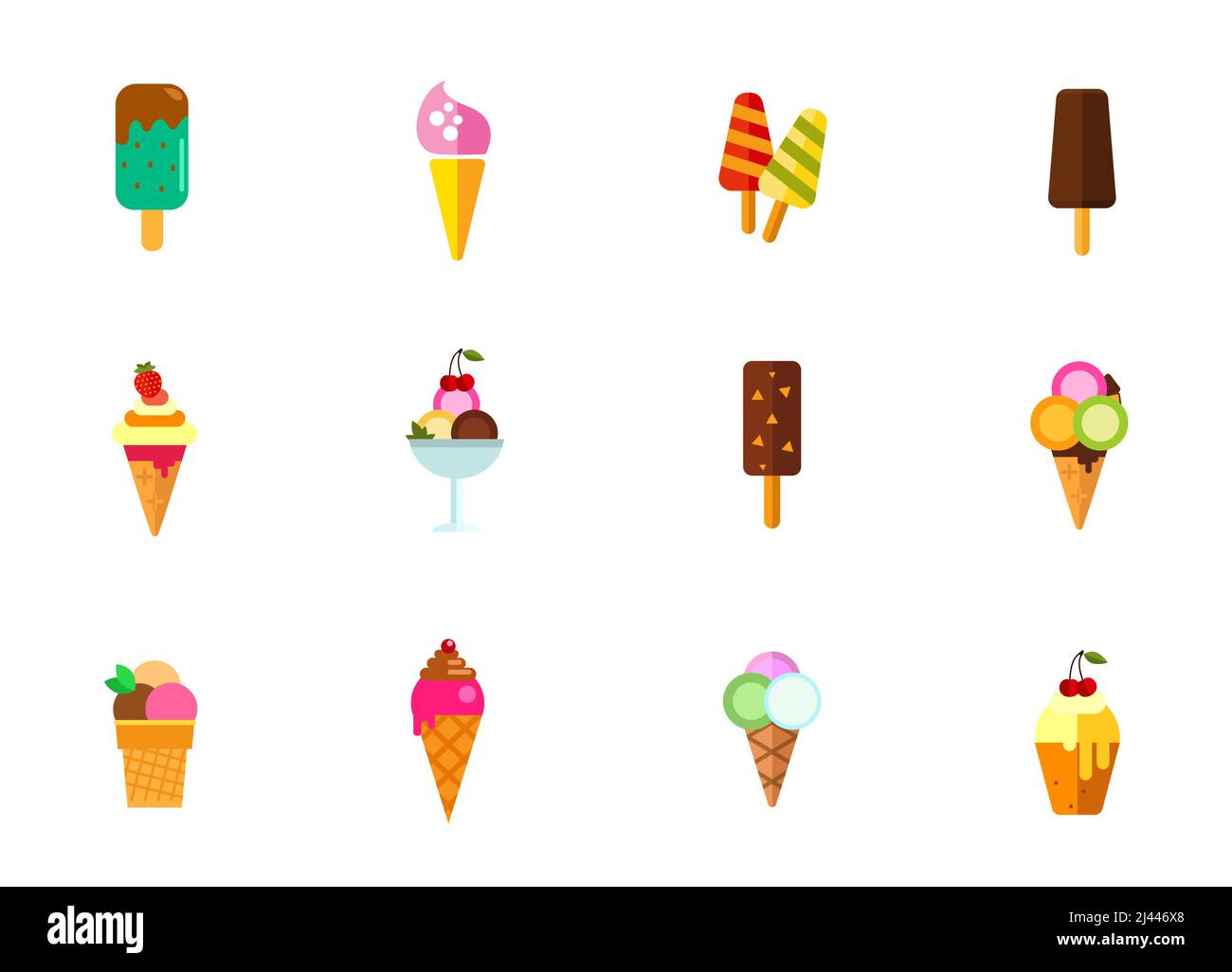 Cold dessert icon set. Chock-ice Cone Ice creams on stick Strawberry ...