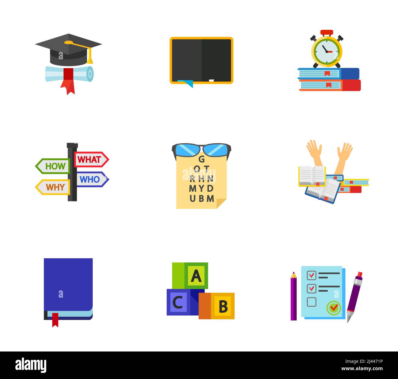 English exam icon set. Black student hat Blackboard Preparation for ...