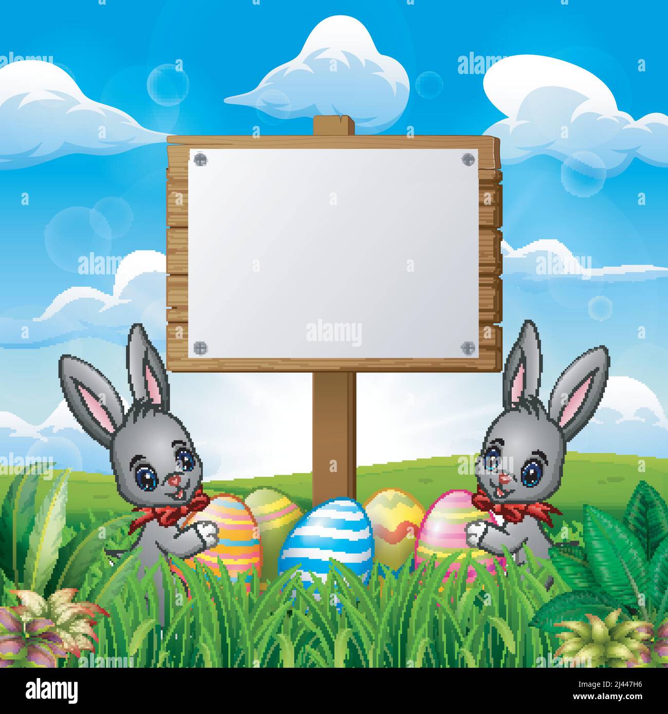 Cute bunnies with easter background and blank sign Stock Vector Image ...