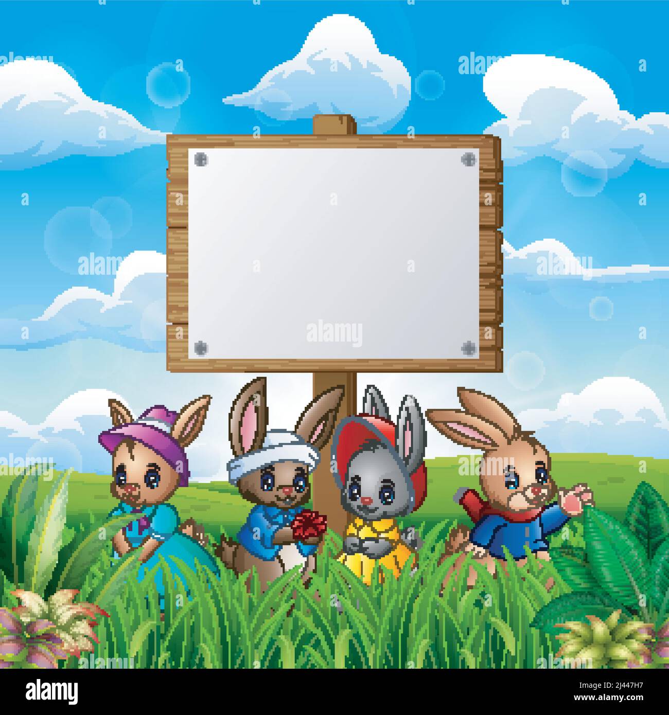 Cute bunnies with easter background and blank sign Stock Vector Image ...