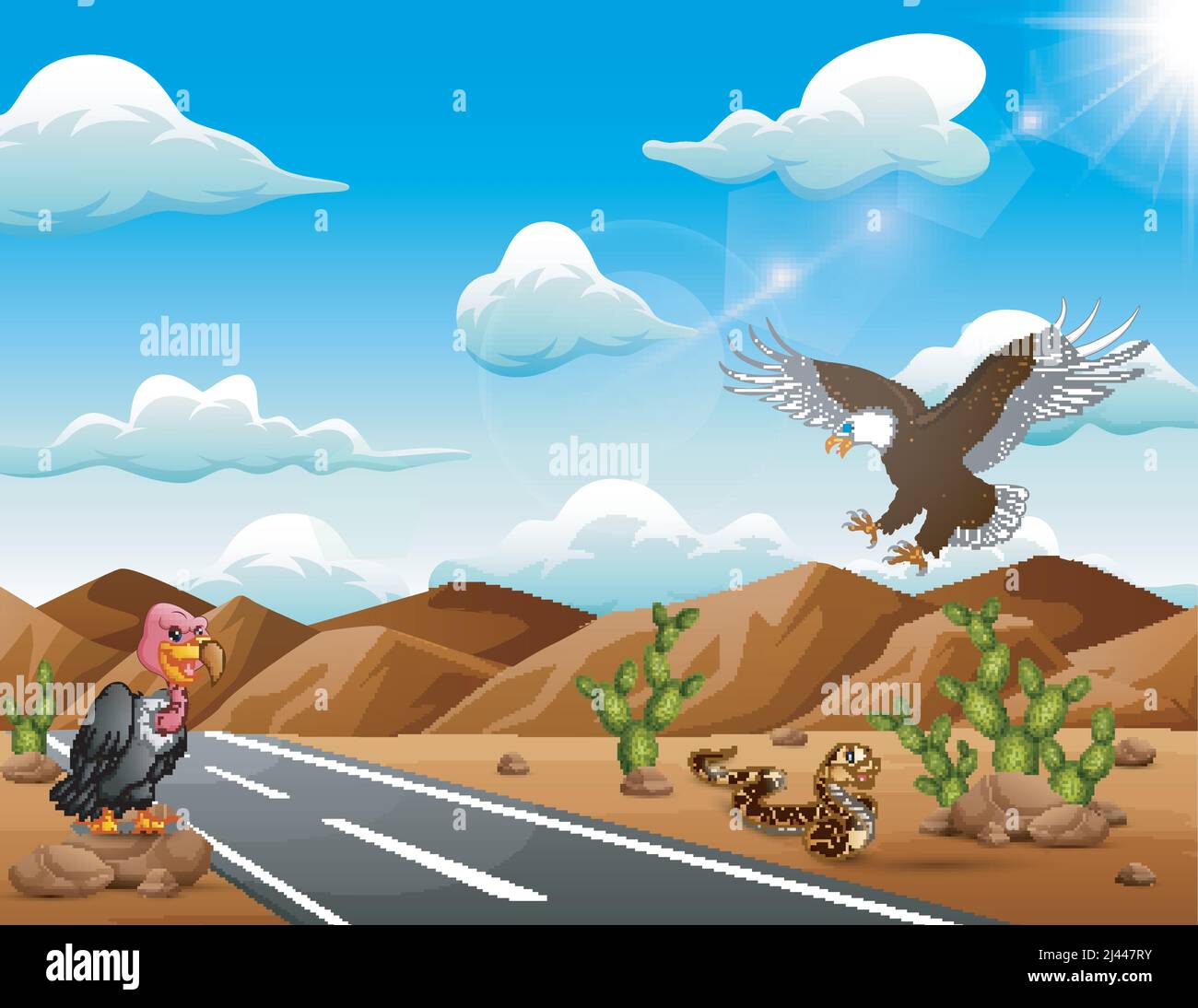 Cartoon eagle bird,vulture and snake living in the desert Stock Vector ...