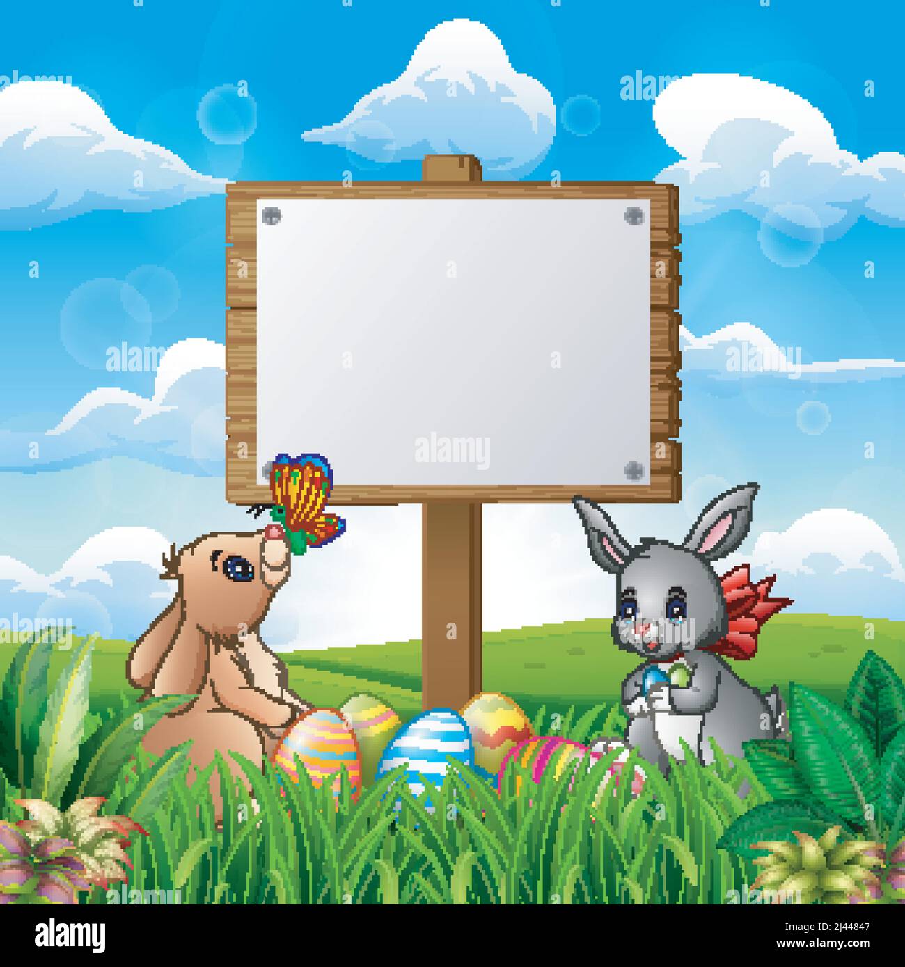 Cute bunnies with easter background and blank sign Stock Vector Image ...