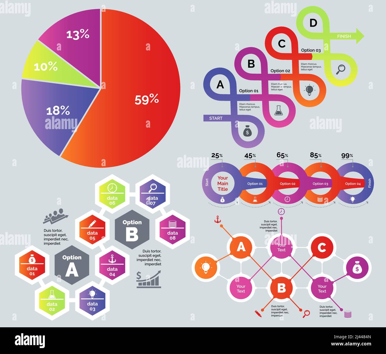Process and percentage chart set. Can be used for statistics, workflow ...