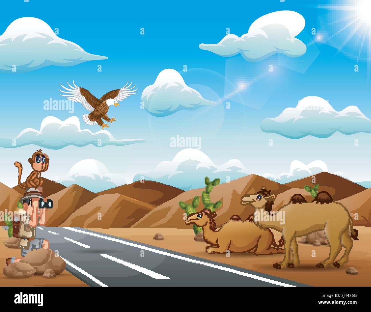 Boy explorer with many animal in the sunny desert Stock Vector Image ...