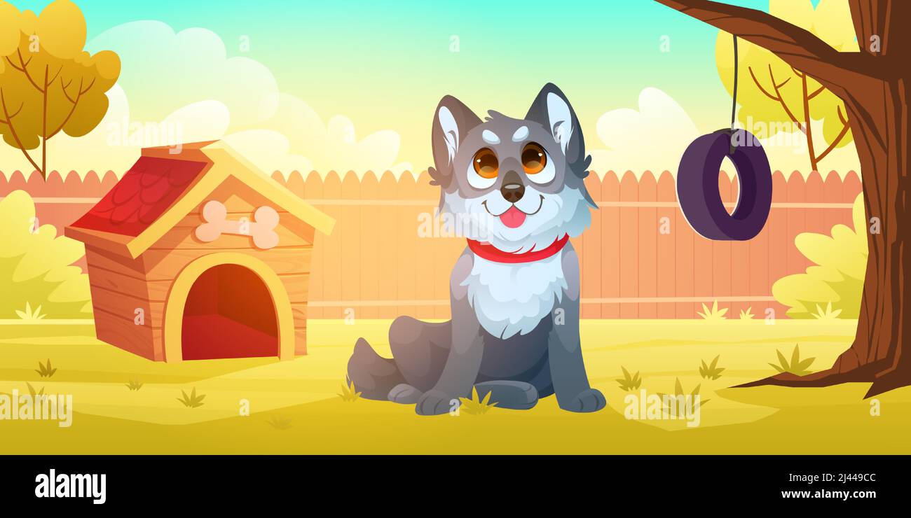 Cute dog sitting on backyard. House yard landscape with funny pet ...