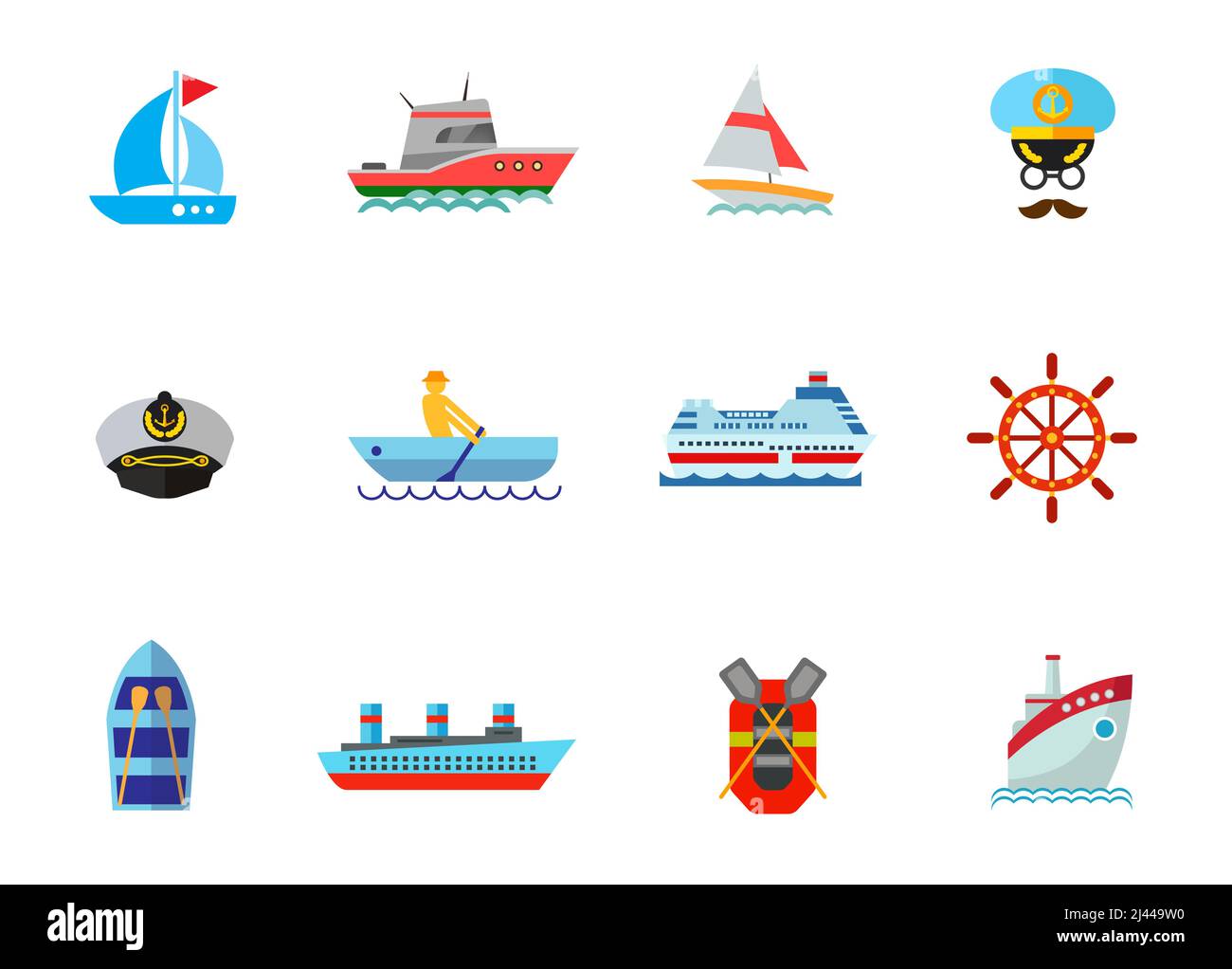 Cruise icon set. Sailing Yacht Face of Captain Captain Hat Man Rowing ...
