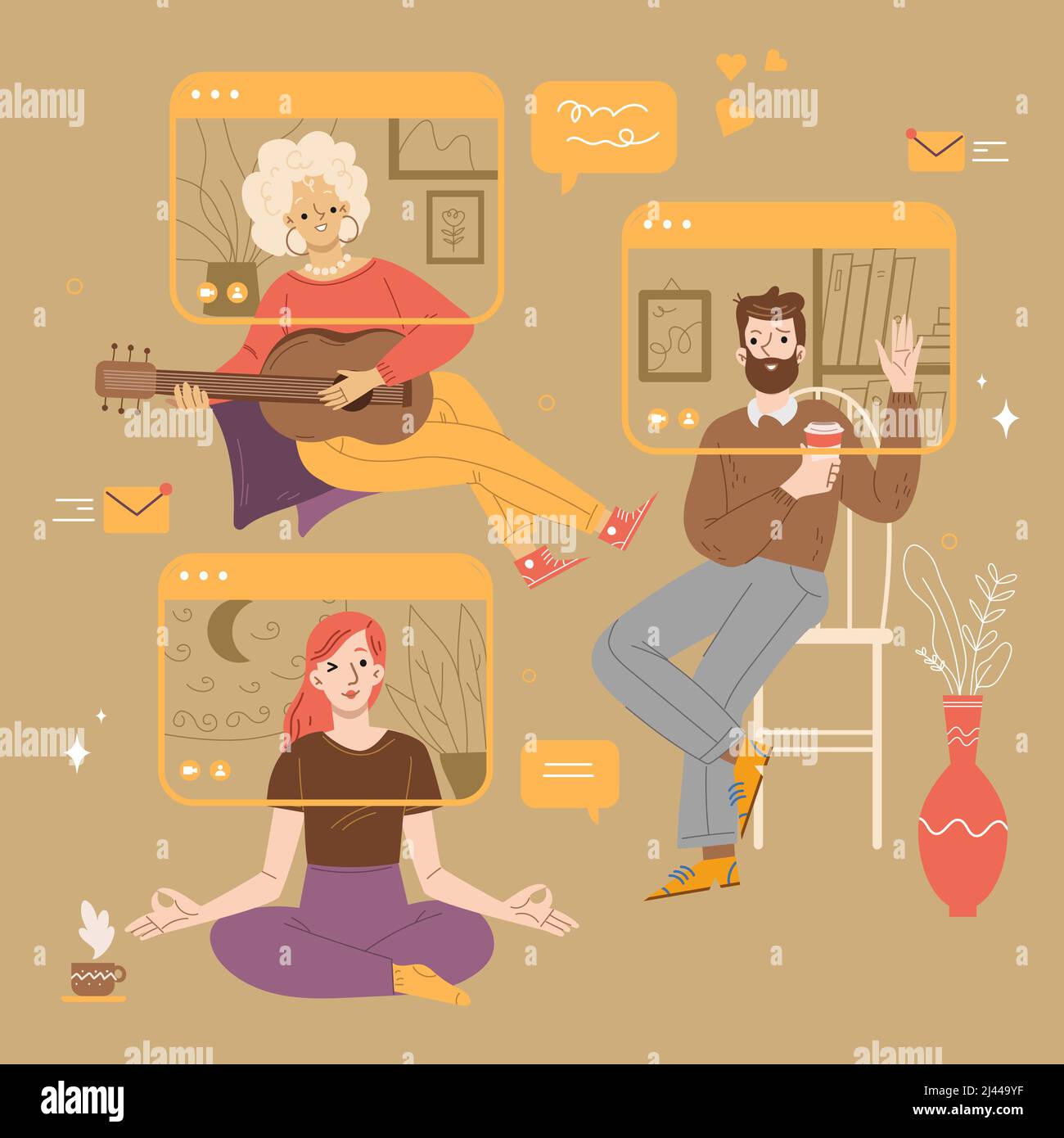 People video chat, virtual online conference, computer screens with ...