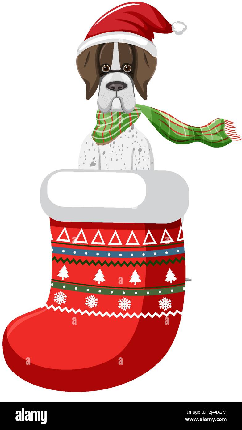 Cute dog in Christmas stocking in cartoon style illustration Stock ...