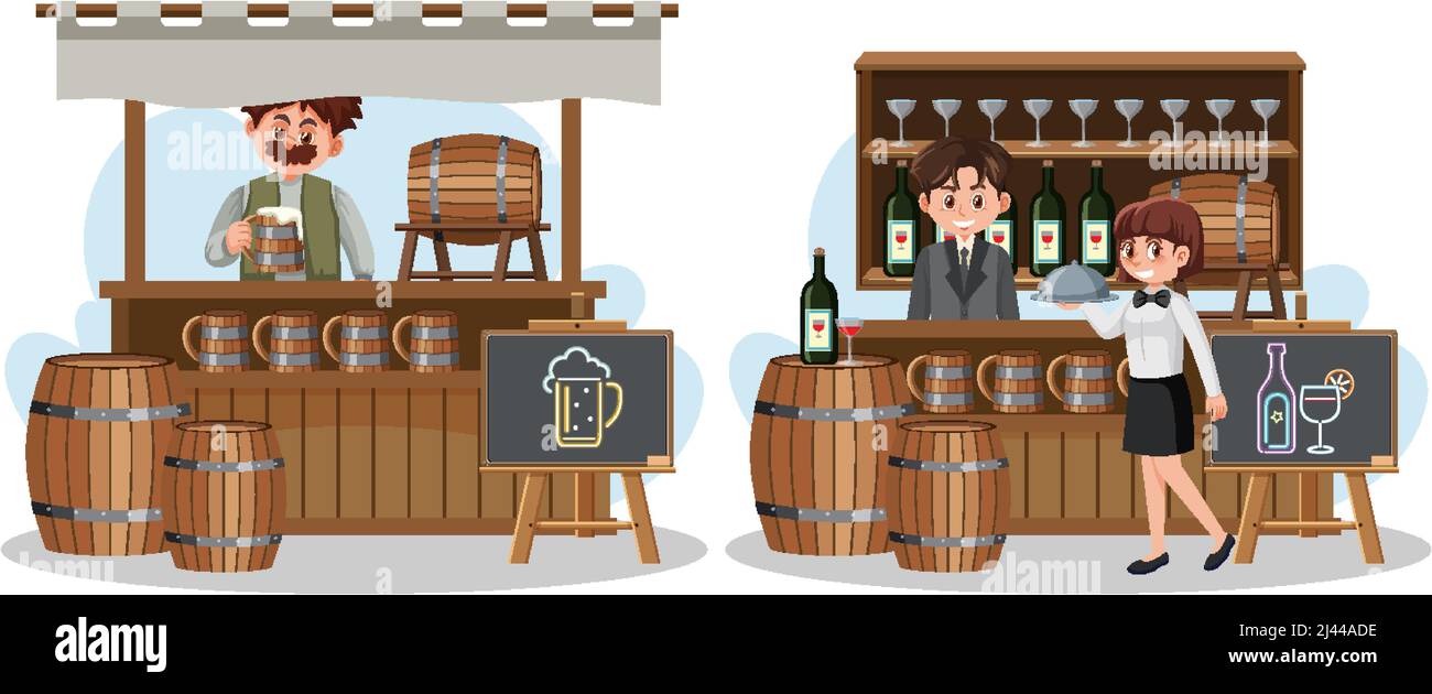 Market stall concept with beer and wine shop stall illustration Stock ...