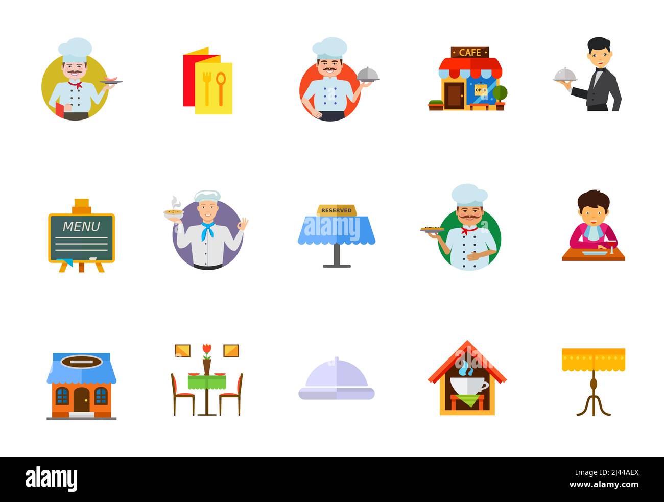 Dining in restaurant icon set. Chef, Menu Brochure Cafe Building Waiter ...