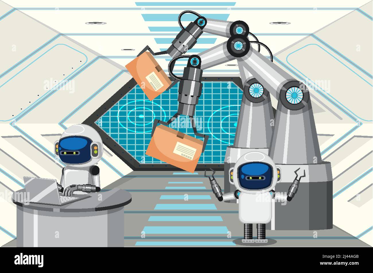 Production process concept with robot assembly line illustration Stock ...