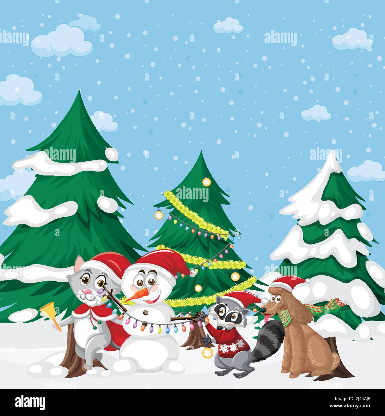 Christmas holidays with animals and snowman illustration Stock Vector ...