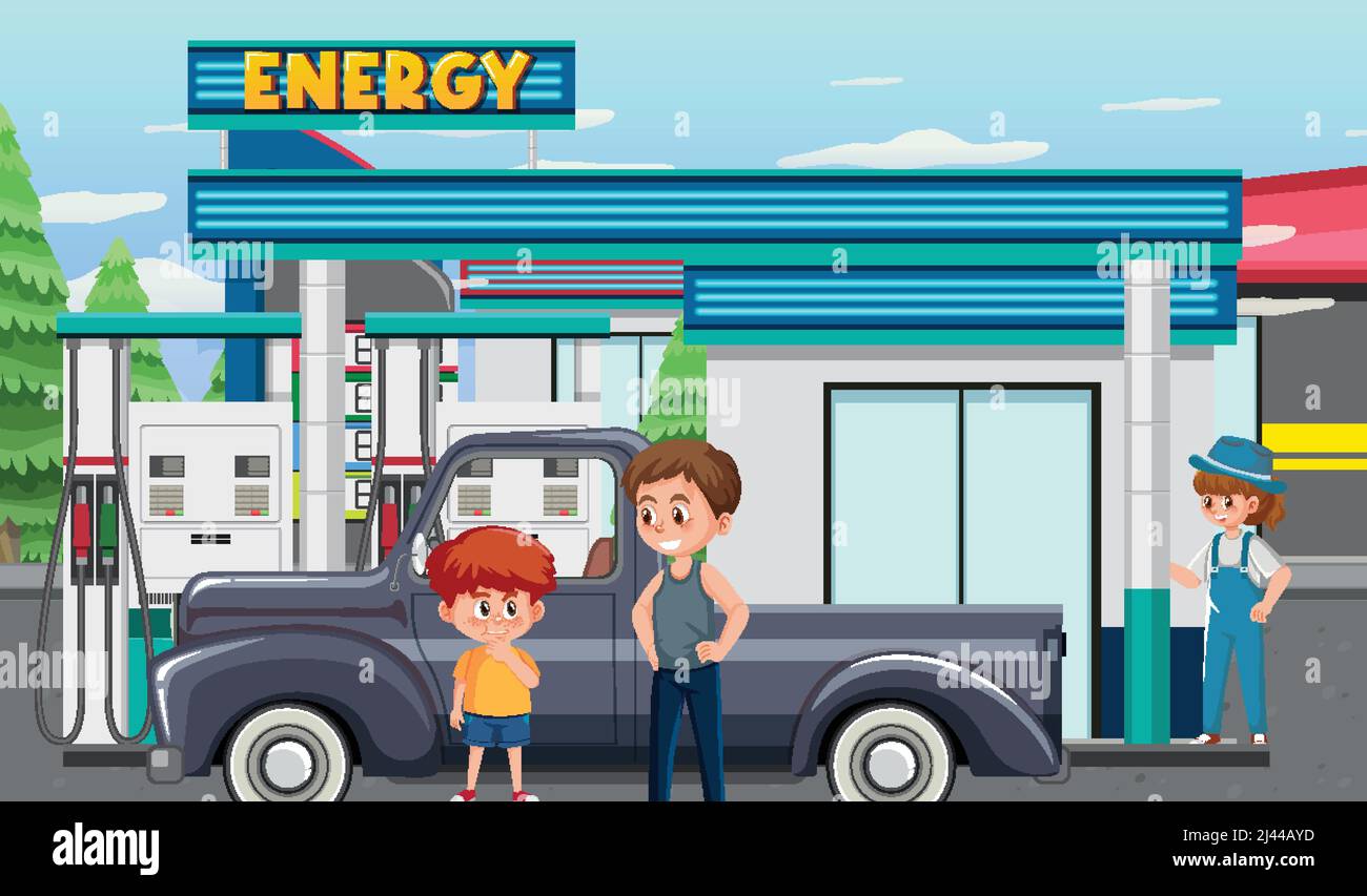 Gas station cartoon scene illustration Stock Vector Image & Art - Alamy