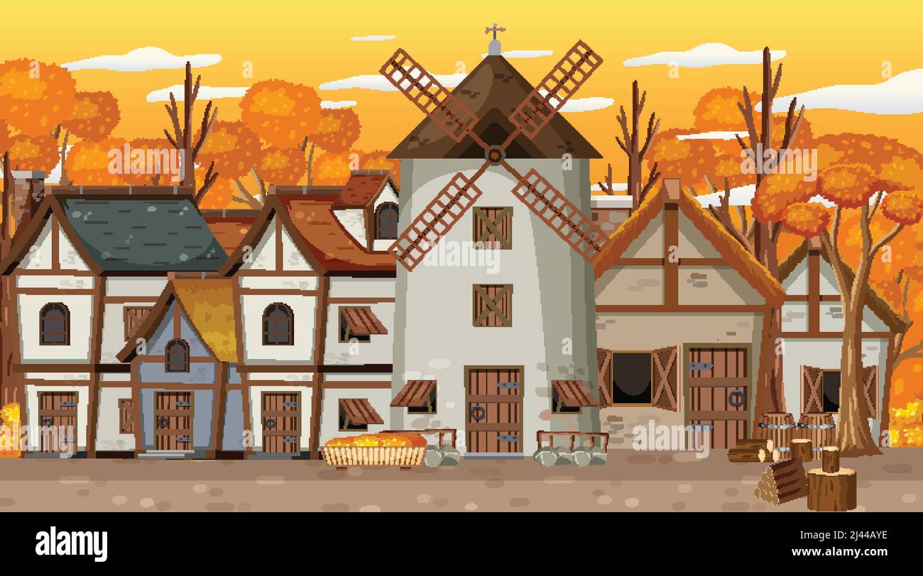 Medieval town scene with sunset illustration Stock Vector Image & Art ...