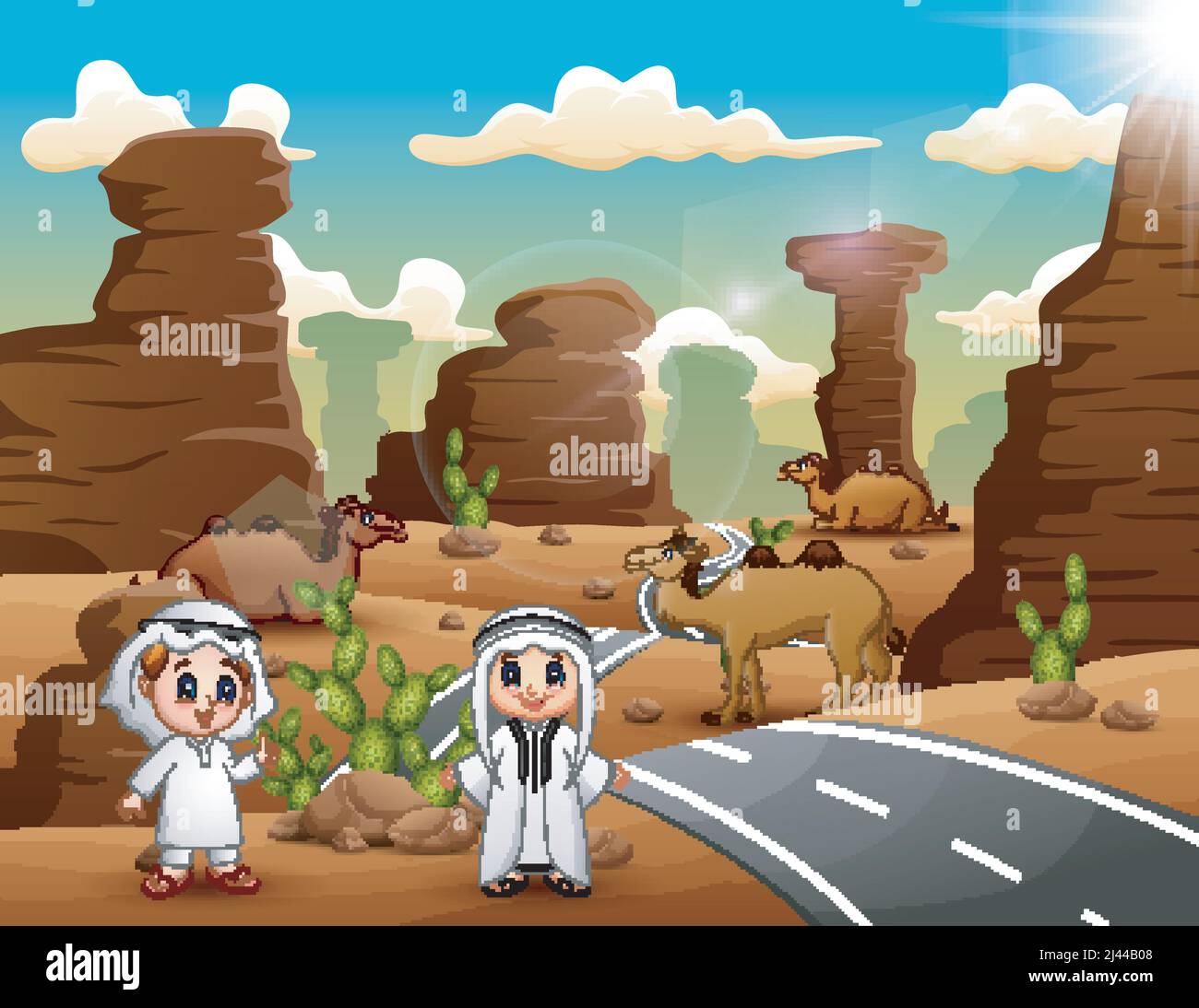 Two arab boys with camels in the desert road Stock Vector Image & Art ...
