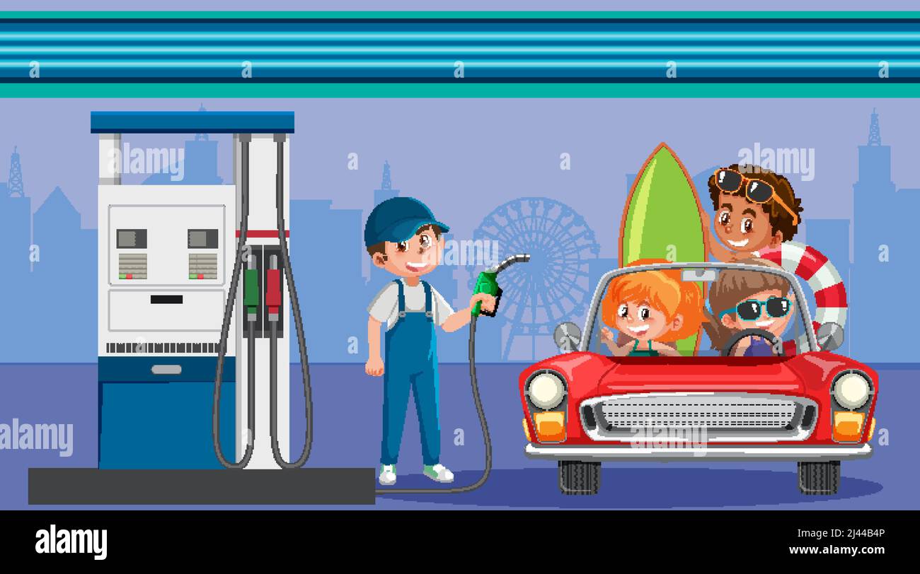 Gas station cartoon scene illustration Stock Vector Image & Art - Alamy