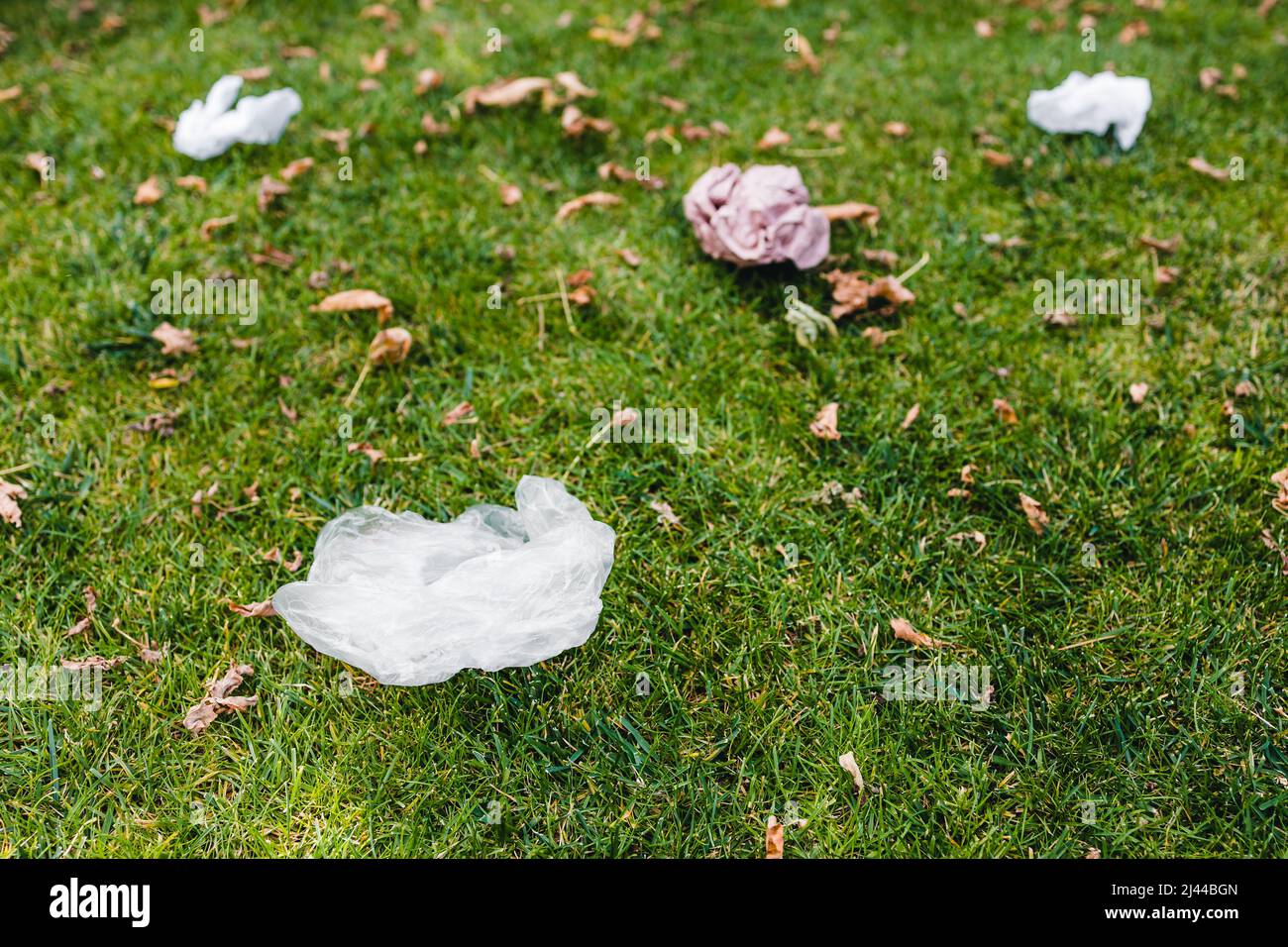 plastic bags and litter abandoned on green lawn, concept of respecting ...