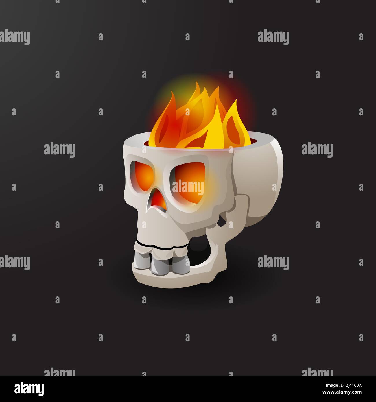 Vector illustration of fire burning in human skull. Satanism, devil ...