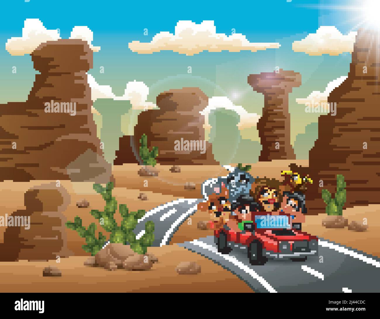 Cartoon kids driving a red car with wild animals through the desert ...