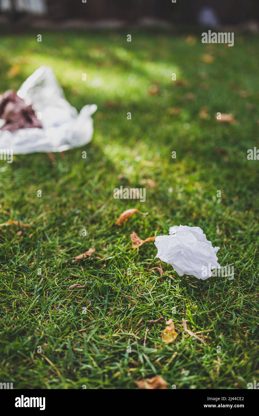 plastic bags and litter abandoned on green lawn, concept of respecting ...