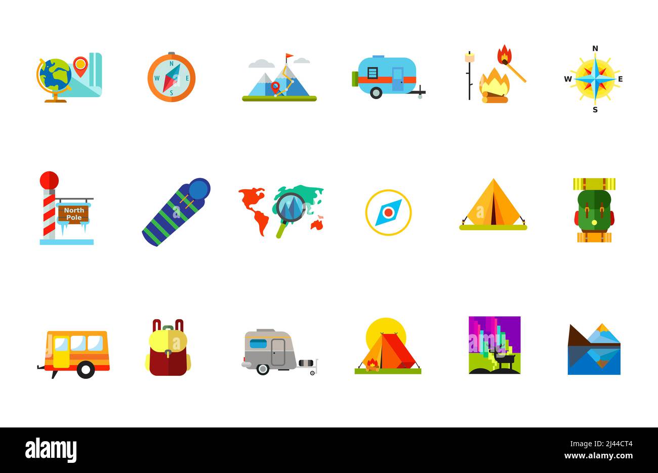 Traveling with tent icon set. Globe and Map Compass Mountain Peak ...