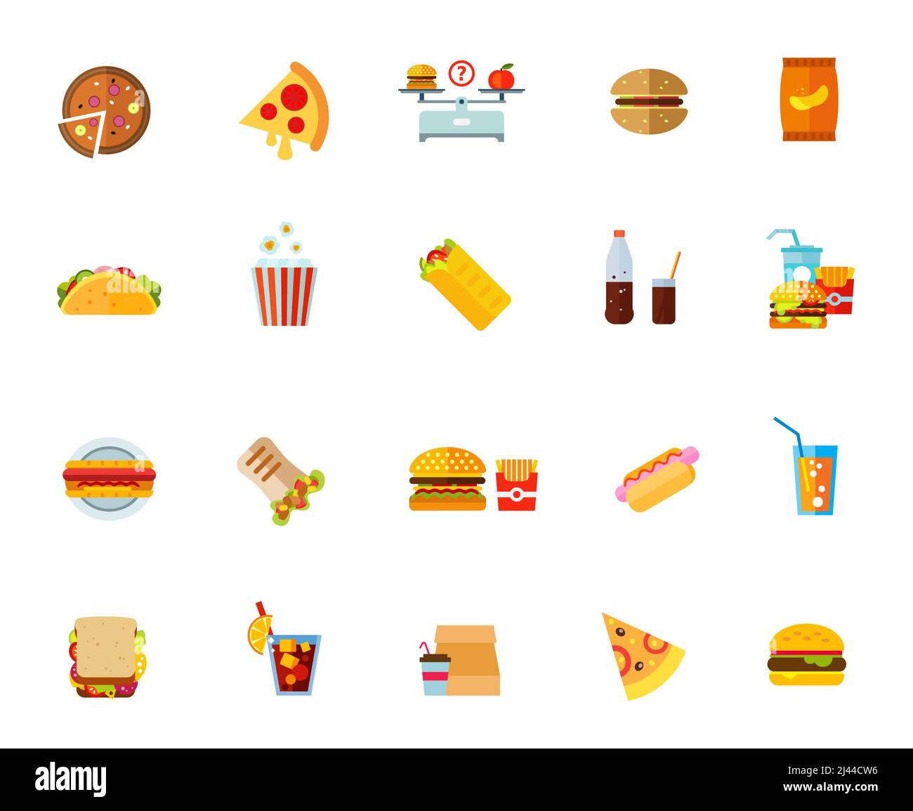 Fatty food icon set. Pizza Slice Hamburger And Apple On Scales ...