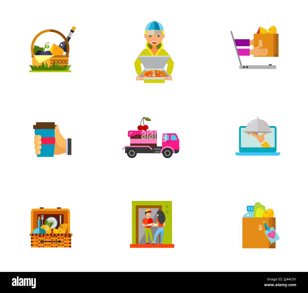Food delivery icon set. Basket With Wine And Cheese Pizza Delivery ...