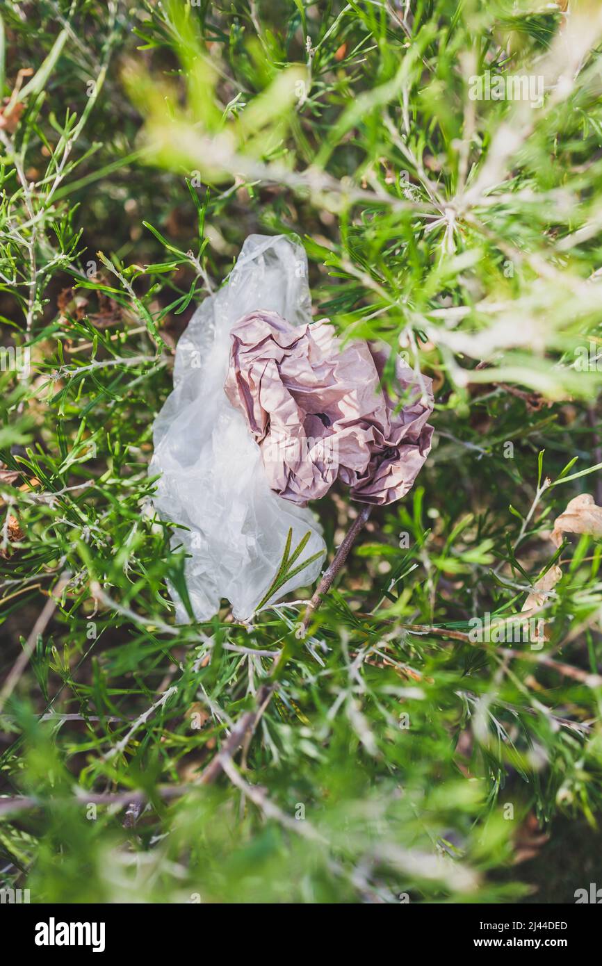 plastic bags and litter abandoned in nature among beautiful plants ...