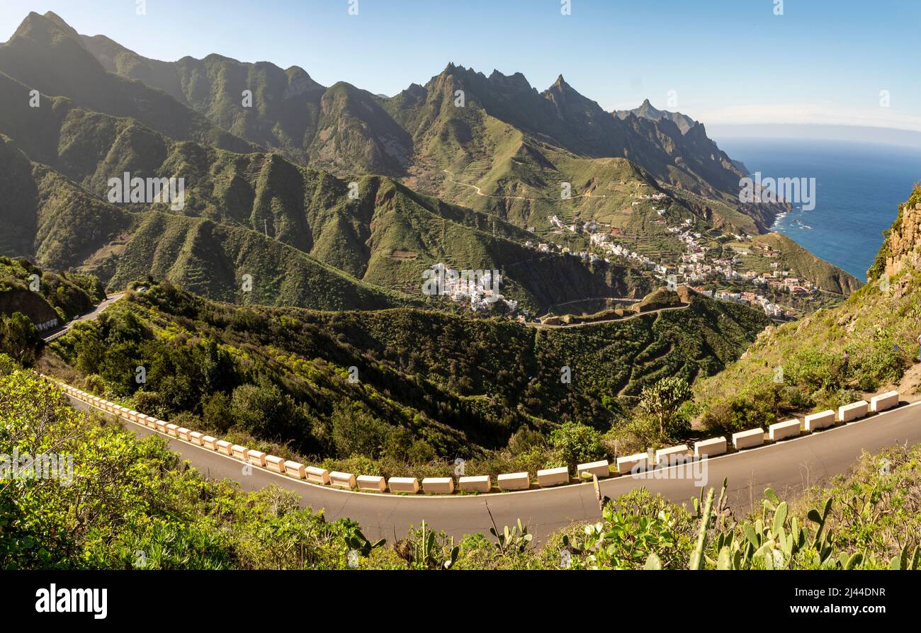 Driving on narrow road in Anaga national park near Tanagana village ...