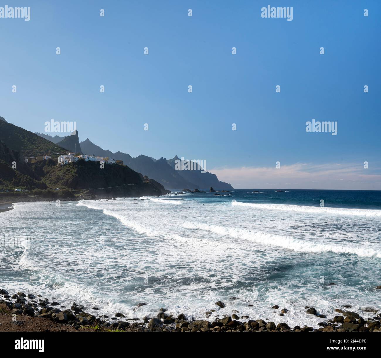 Panoramic view on lava rocks of laya de Almaciga and blue Atlantic ...