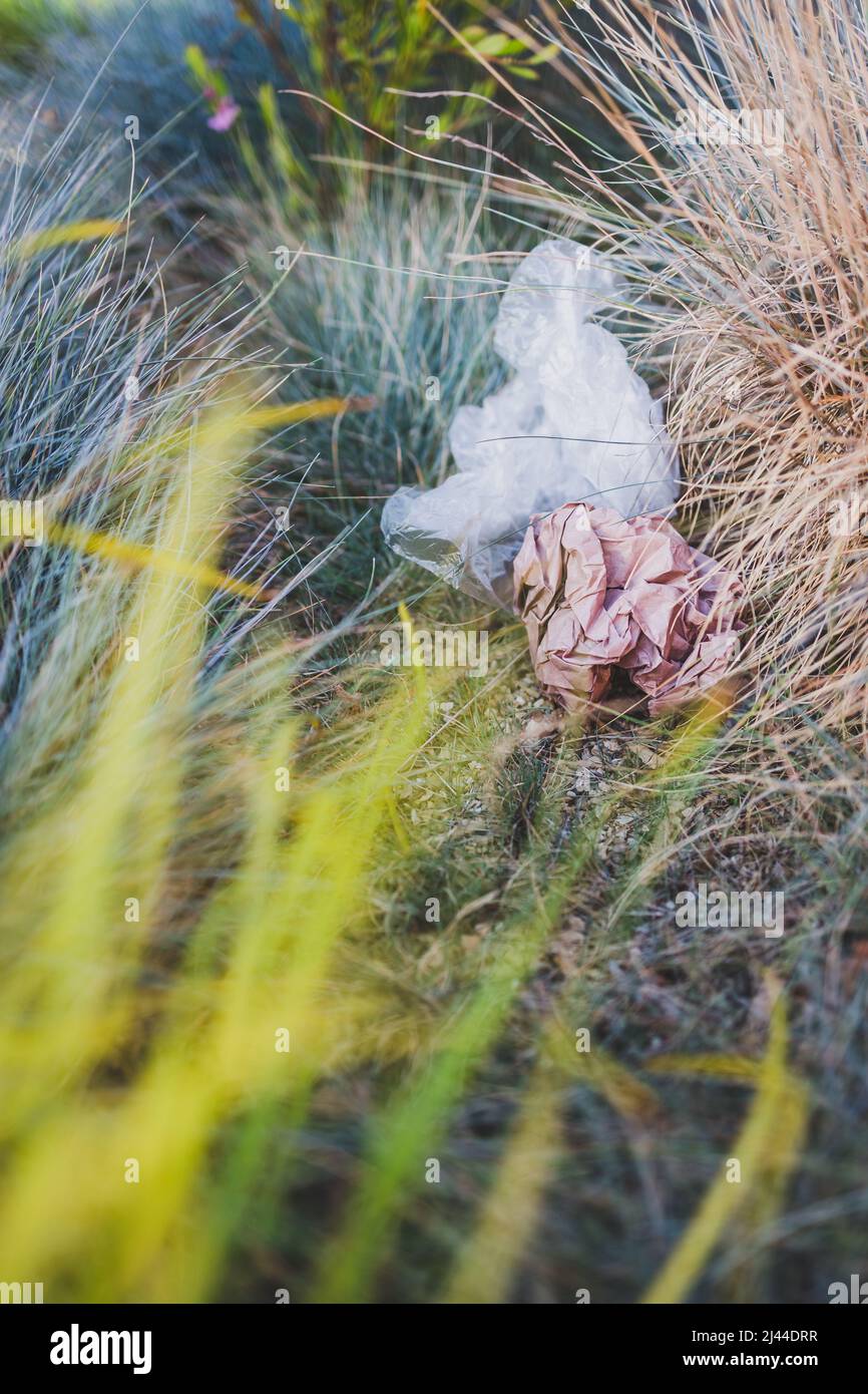 plastic bags and litter abandoned in nature among beautiful plants ...