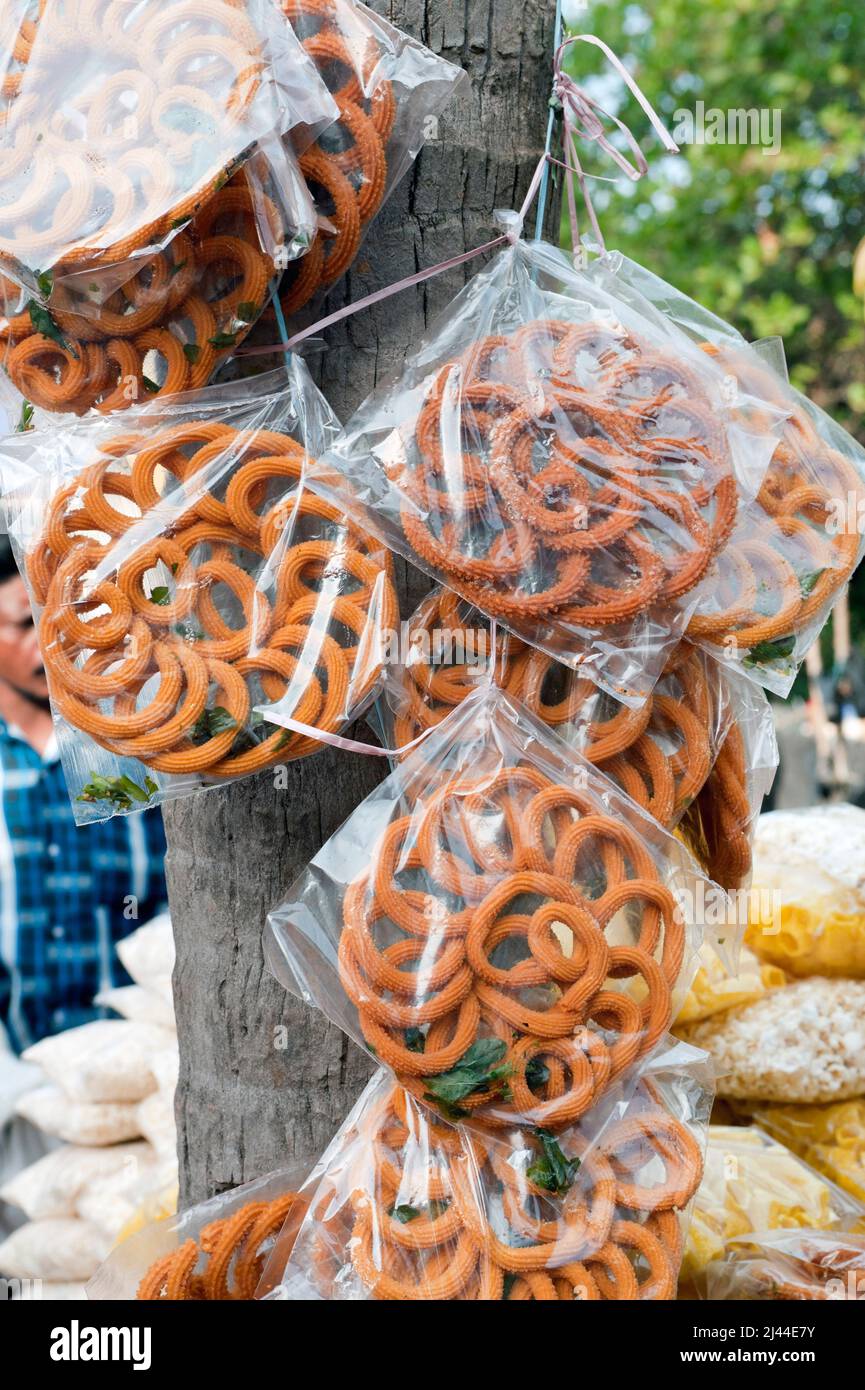 Indian Salty snacks packed in plastic bags for sell at state Kerala ...