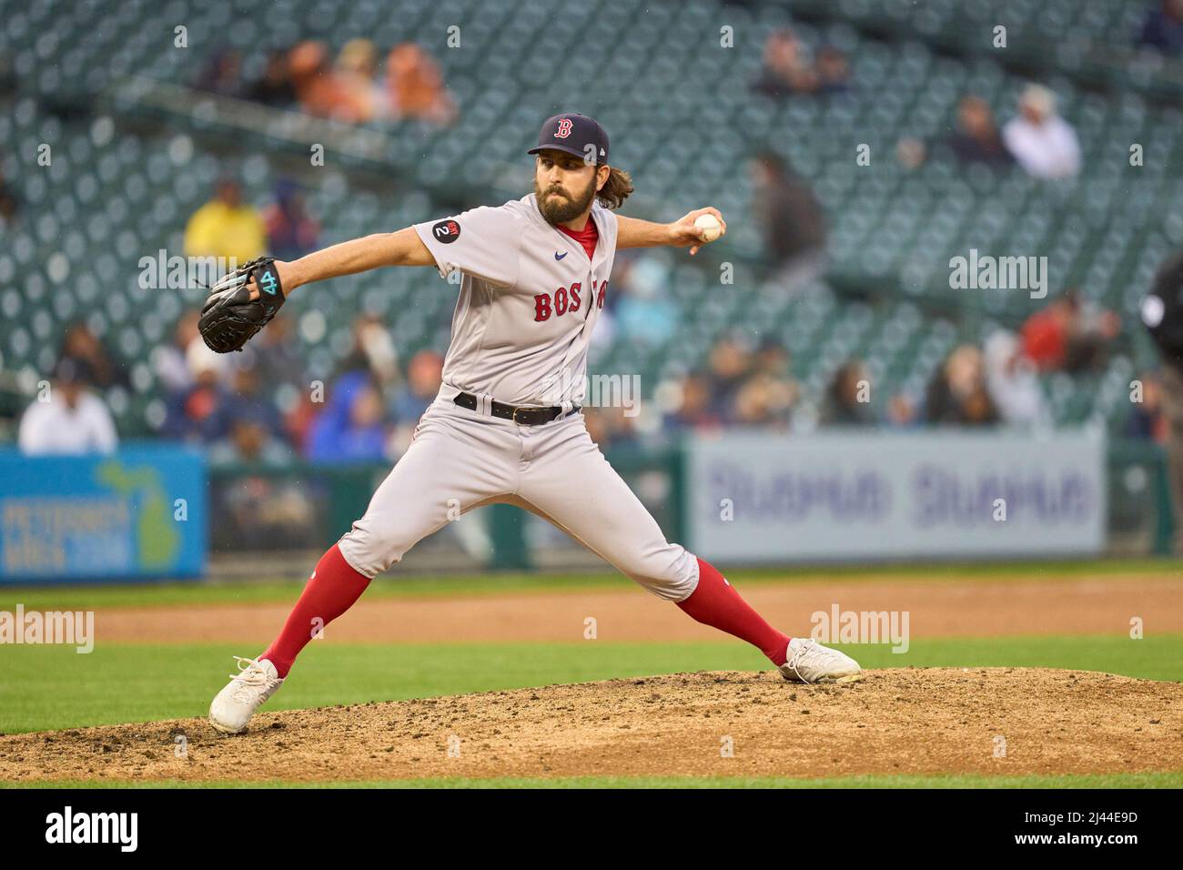Denver CO, USA. 11th Apr, 2022. Boston pitcher Austin Davis (56) throws ...