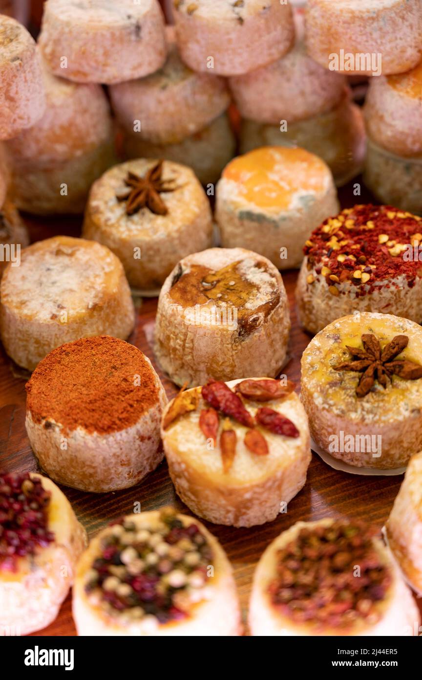 Variety of French soft goat cheese with different toppings, indian ...