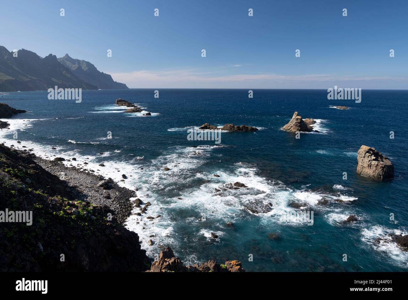 Panoramic view Playa del Roque de las Bodegas and blue Atlantic ocean ...