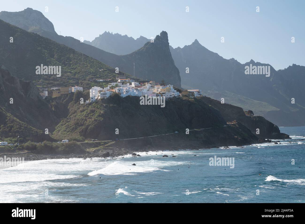 Panoramic view on lava rocks of laya de Almaciga and blue Atlantic ...