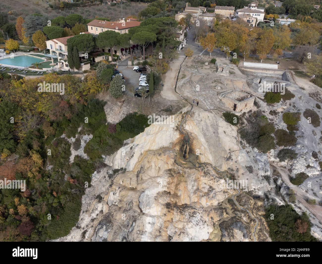 Aerial view on free hot thermal springs and pool in nature park Dei ...