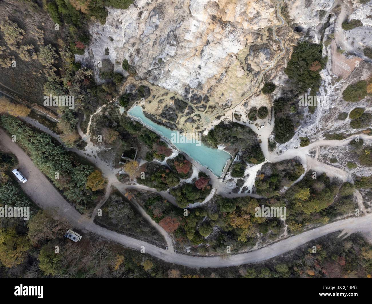 Aerial view on free hot thermal springs and pool in nature park Dei ...